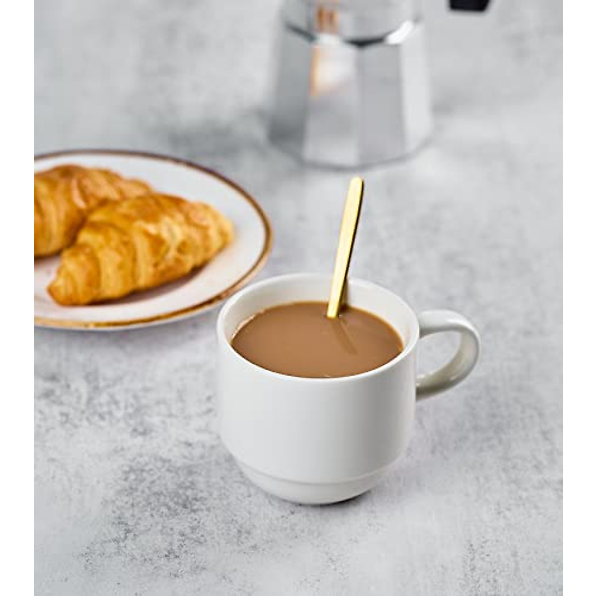 YHOSSEUN Porcelain Coffee Mug Set With Metal Stand, Ceramic Cups with Espresso Spoons, 11 Ounce Mug Set Perfect For Americano, Chocolate Drinks, Milk, Tea, Set of 4, White