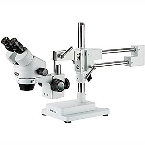 AmScope SM-4B Professional Binocular Stereo Zoom Microscope, WH10x Eyepieces, 7X-45X Magnification, 0.7X-4.5X Zoom Objective, Double-Arm Boom Stand