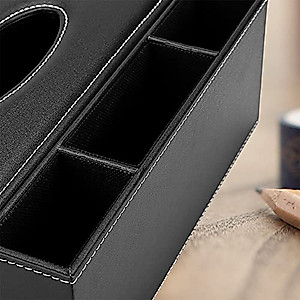 Multi-Functional Tissue Box Cover Rectangle, Leather Decorative Napkin Dispenser Organizer Caddy with 3 TV Remote Control Holder Compartments Bathroom, Modern Office Desk Decor and Accessories, Black