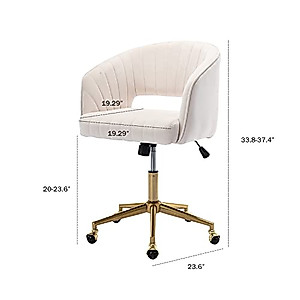 Kiztir Velvet Home Office Chair, Modern Swivel Desk Chair with Gold Base, Round Solid Wheel, Adjustable Vanity Chair for Study, Living Room, Bedroom (Beige)