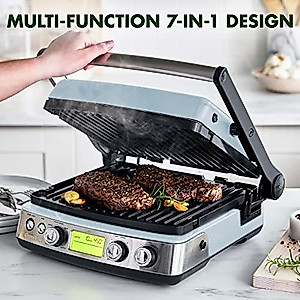 GreenPan Elite 7-in-1 Multi-Function Contact Grill & Griddle, Healthy Ceramic Nonstick Aluminum, Two Sets of Grill & Waffle Plates, Adjustable Shade & Shear, Closed Press/Open Flat Surface, Blue Haze