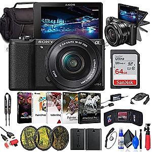 Sony Alpha a5100 Mirrorless Digital Camera with 16-50mm Lens (Black) + Filter Kit + 64GB Card + NPF-W50 Battery + Card Reader + Corel Photo Software + Case + Flex Tripod + More (Renewed)