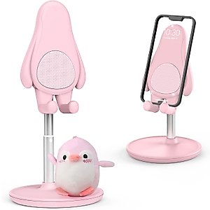 AFISEL Cute Phone Stand Angle Height Adjustable Cell Phone Stand for Desk Penguin Phone Stand Fit with Switch,Phone,ipad,Headphones Create a Lovely Atmosphere Pairing Cute Penguin Plush(Pink)