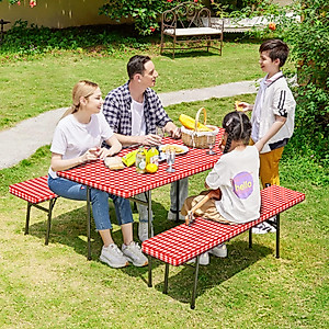 Raweao Picnic Table Cover with Bench Covers - 3 Piece Fitted Picnic Table Cover with Elastic Band and Flannel Backing, Picnic Table Cover for Outdoor, BBQ, Camping (30 X 72 Inch, Red)