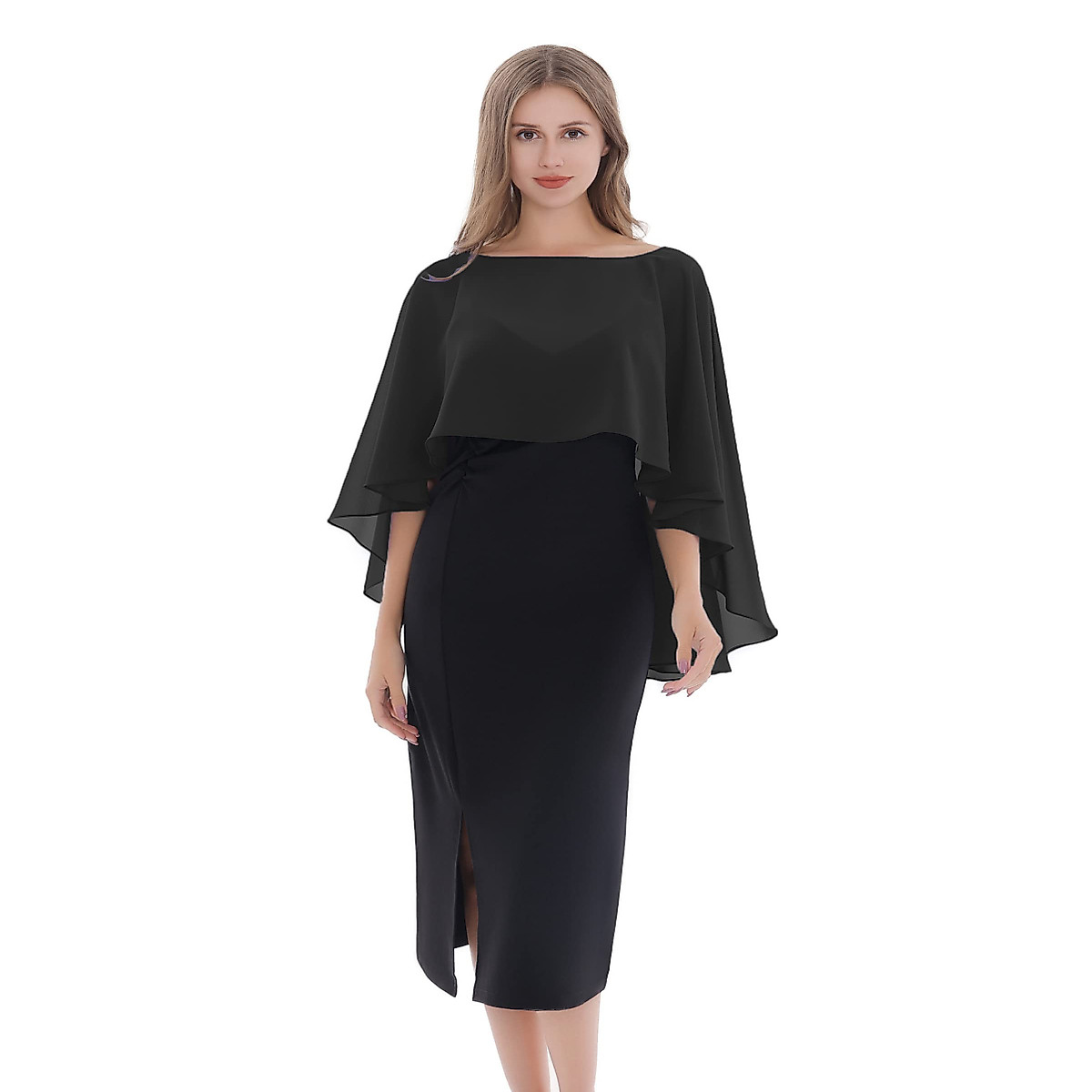 Baoqiya Women's Capelet Shawls and Wraps for Evening Dresses Soft Bridesmaid Shawl Chiffon Cape Wedding Cover Up One Size(Black)