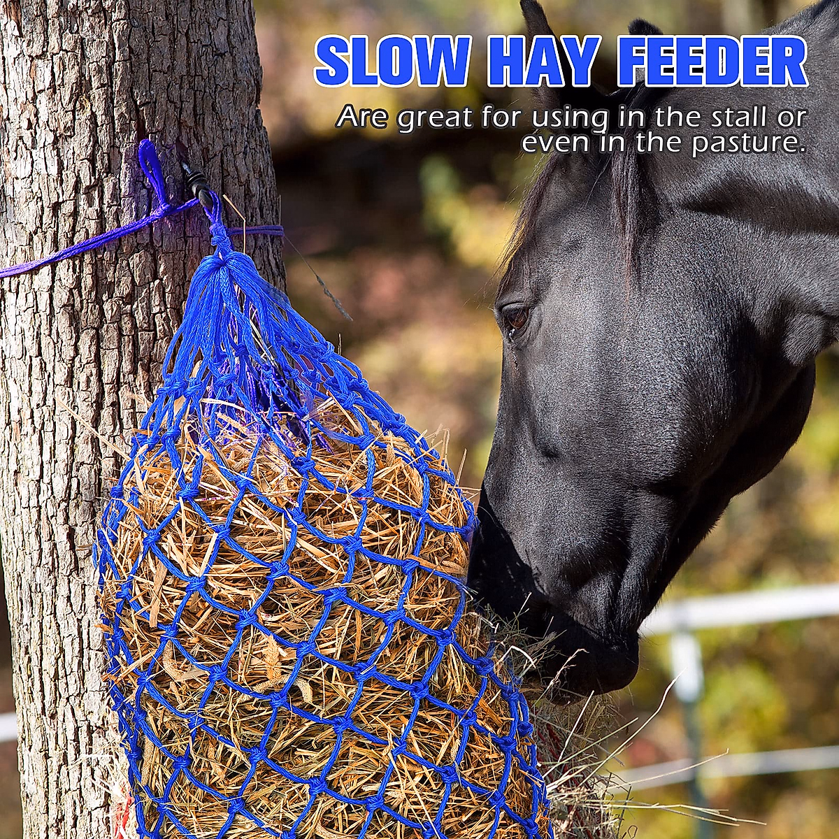 Nuenen 4 Pcs Slow Feed Hay Bag 40 Inch Hay Nets for Horses Hanging Hay Feeder for Goats 2 x 2 Inch Mesh Holes Horse Hay Bag Horse Feeding Supplies for Trailer and Stall, Simulates Grazing (Blue)