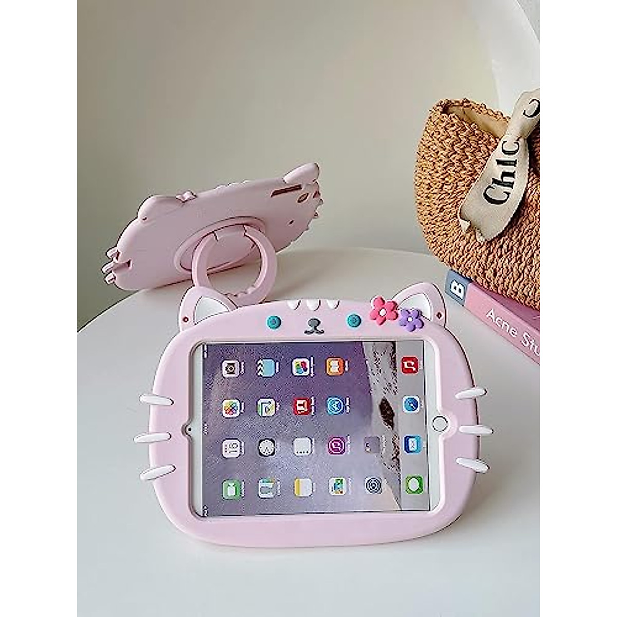 Premium Cute Soft Silicone Cat Pattern Tablet Case with Built-in Foldable Kickstand Shockproof Cover Case for iPad Air 4 2020 10.9"