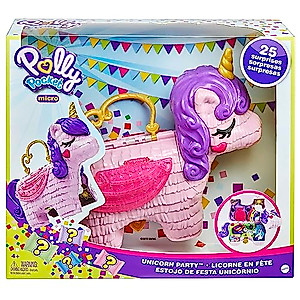 Polly Pocket Micro, Unicorn Party Playset, Pink Unicorn Toy with Purple Hair, 25 Toy Surprises Inside, Toys for Ages 4 and Up, One Playset, GVL88