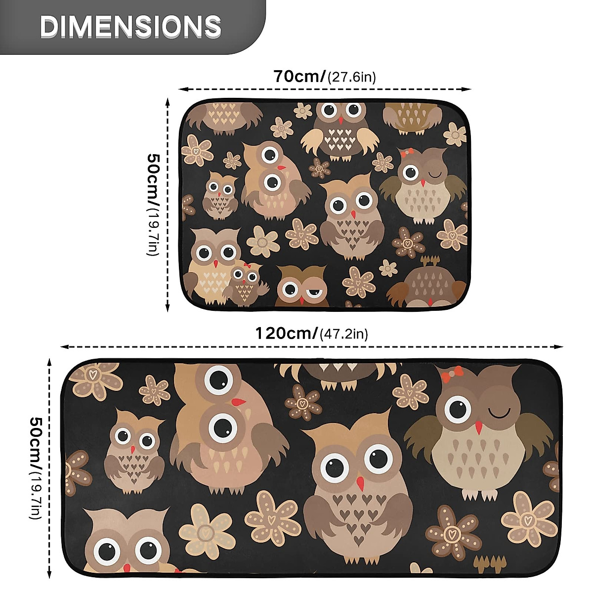 Kigai Kitchen Rugs 2 Piece Waterproof Non Slip Kitchen Mat Cute Owl Kitchen Rug Set for Sink Office Kitchen Cafe, 19.7"x47.2"+19.7"x27.6"
