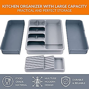VILIA Expandable Kitchen Drawer Organizer with Knife Holder, Utensil Holder - Adjustable Cutlery Silverware Tray for Drawer, Kitchen Organization, Large Durable Utensil Organizer, Kitchen Storage
