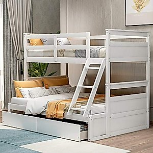 TARTOP Bunk Bed with Drawers, Twin Over Full Bunk Bed, Solid Wood Bunk Bed Frame with Ladders & 2 Storage Drawers, Bedroom Furniture,White