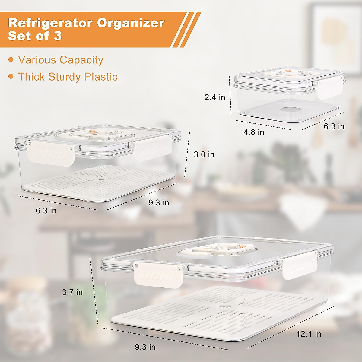 MOLINGRITAR Fruits Storage Container for Fridge, Plastic Refrigerator Organizer Bins Set of 3, Fresh Produce Saver Containers with lid and Handle, Time Dial and Vent Control Crisper Box