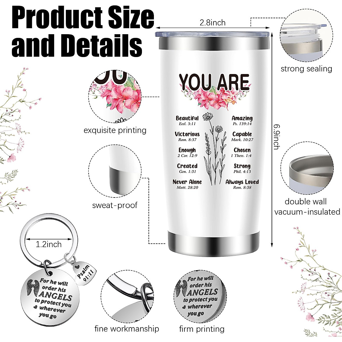 Aliceset 4 Pcs Mothers Day Christian Gifts for Women Include Inspiration Religious Tote Bag 20 oz Stainless Steel Tumbler Bible Verse Keychain Catholic Makeup Bag Birthday Gifts for Women(Floral)