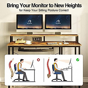 Rolanstar Computer Desk with Power Outlet and Monitor Stand Shelf, 55” Home Office PC Desk with Keyboard Tray and USB Ports Charging Station, Desktop Table,Stable Metal Frame Workstation, Rustic Brown