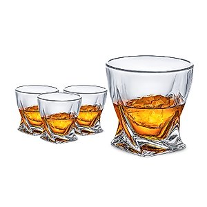 LUXU Whiskey Glasses(Set of 4)-10 oz Twisted Scotch Glasses,Premium Old Fashioned Glasses,Clear Crystal Bourbon Rock Glasses,Large Bar Glasses,Unique Glassware Tumblers for Cocktails