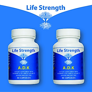 Life Strength ADK Supplement (90 CT) - Physician Formulated Vitamins A1, D3 & K2 (as MK7) for Bone Health - Immune System Support - Gluten Free, Soy Free, Non-GMO - Pack of 2