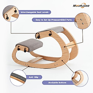 MoomJiee Ergonomic Kneeling Chair,Adjustable Rocking Knee Chair for Home Office,Wooden Office Chair for Back Pain Relief,Grey