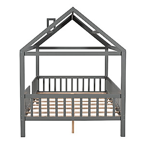 SOFTSEA Full Size House Bed with Storage Drawers, Wood Bed Frame with Guardrails and Slide Ladder, House Shaped Bed for Kids, No Box Spring Needed, White