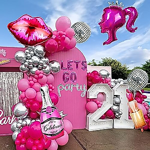 13pcs Hot Pink Princess Girl Doll Foil Balloon Lip Letter LETS GO Party Silver Disco ball Balloon Photo Prop For Barbie Theme Party Decorations Backdrop Bachelorette Party Adult Women Birthday Supply