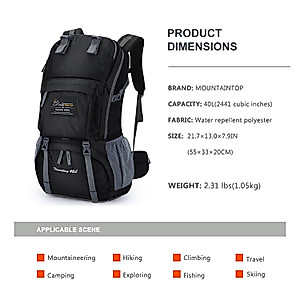 MOUNTAINTOP 40L Hiking Backpack for Women & Men Outdoor Travel Camping Day Pack with Rain Cover, 21.7 x 13 x 7.9 in, Black