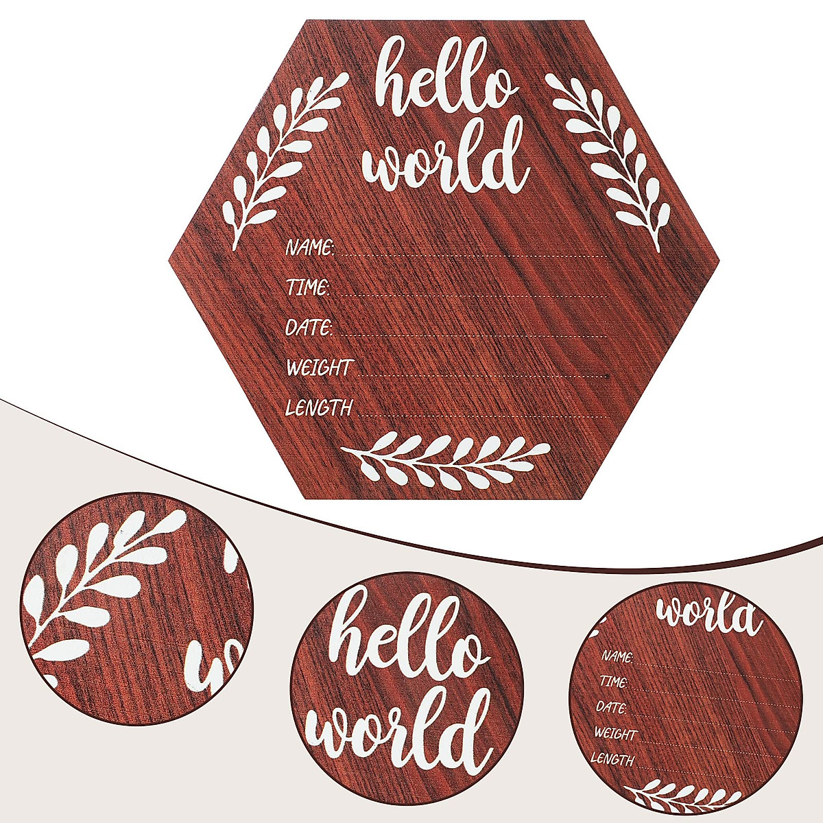 5.5 Inch Baby Birth Announcement Sign for Hospital Cherry Wooden Newborn Name Sign Hexagon Sign with White Paint Marker for Baby Gift Nursery Wall Decor