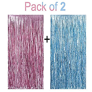 Metallic Tinsel Foil Fringe Curtains 3.2 ft x 6.6 ft Baby Shower Gender Reveals Party Decoration Party Photo Backdrop (Pink/Blue)
