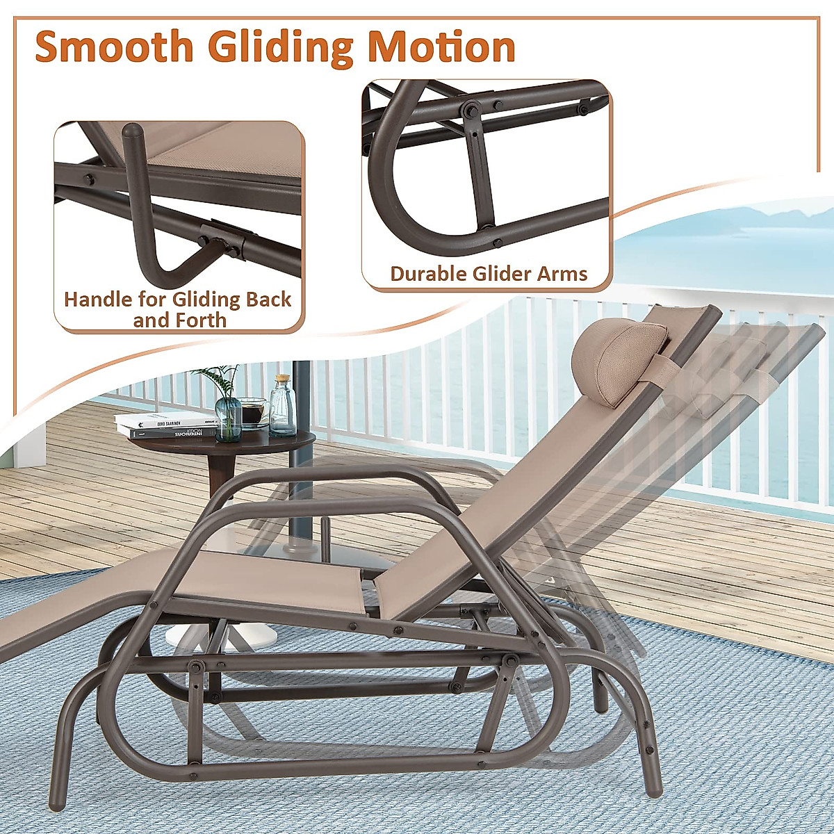 Tangkula Outdoor Glider Recliner Chair, Adjustable Backrest Patio Gliding Lounger Chair with Armrests and Pillow, Outdoor Swinging Rocking Chair w/Breathable Fabric for Poolside, Backyard (2, Brown)