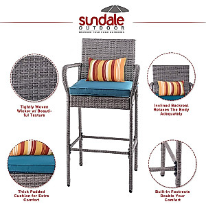 Sundale Outdoor Bar Stools Set of 2, 2 Piece Wicker Bar Stools Rattan Chairs, Patio Bar Chair with Arms, Cushion Blue, All-Weather Wicker Patio Furniture - Steel, Grey