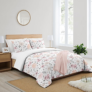 Sweet Jojo Designs Blush Pink, Grey and White Shabby Chic Watercolor Floral Girl Full/Queen Kid Childrens Bedding Comforter Set 3 Pieces - Rose Flower