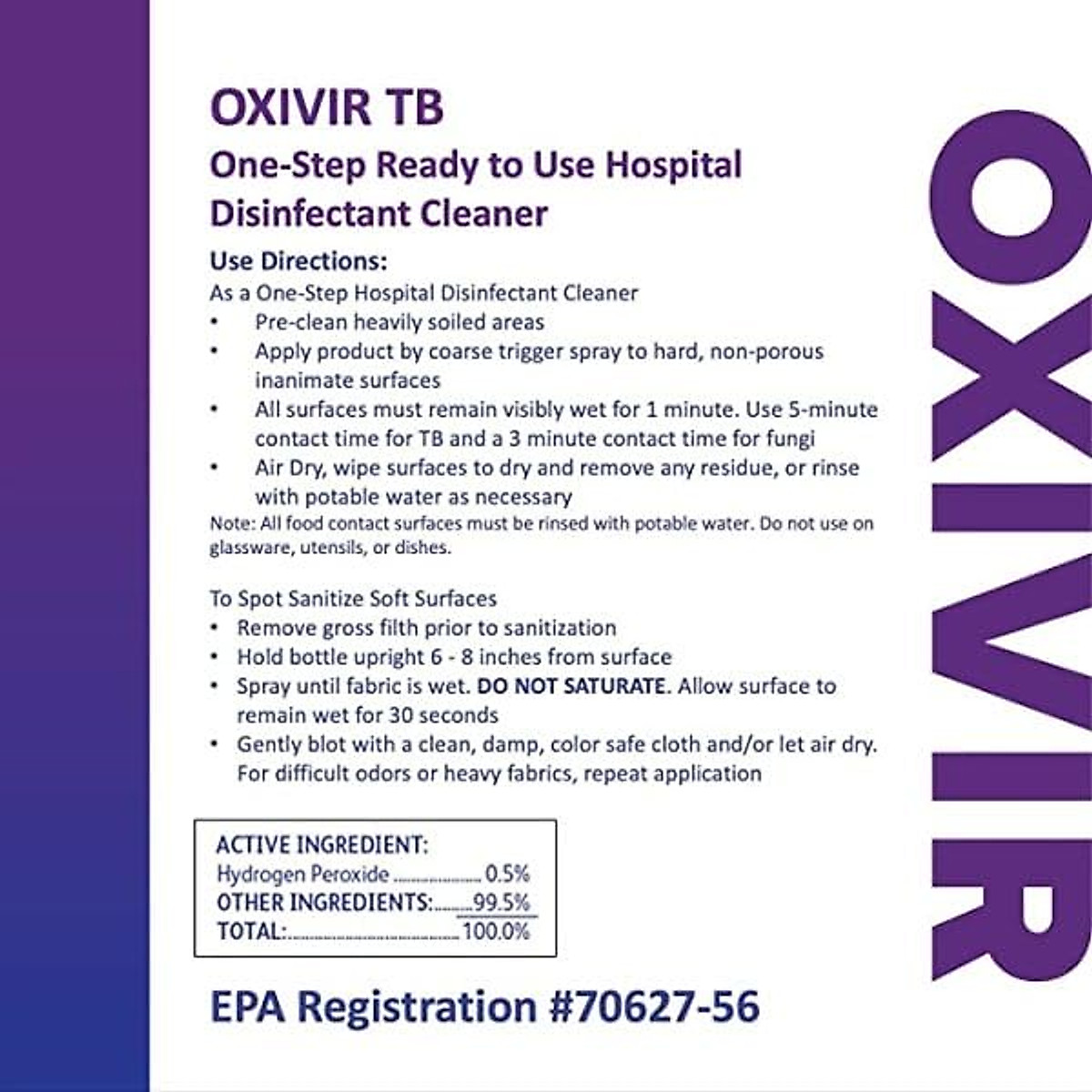 Oxivir Diversey 4277285 Tb Disinfectant Cleaner, Accelerated Hydrogen Peroxide, No Fragrance Added, Ready-to-Use Liquid Capped Bottle, 32-Ounce
