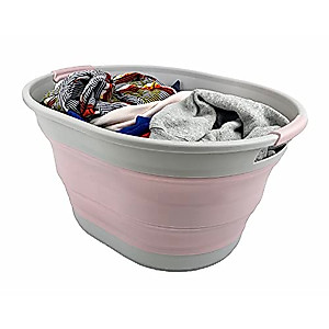 SAMMART 23L (6 Gallons) Collapsible Plastic Laundry Basket - Oval Tub - Foldable Storage Container/Organizer -Portable Washing Tub -Space Saving Laundry Hamper (Grey/Pale Pink)
