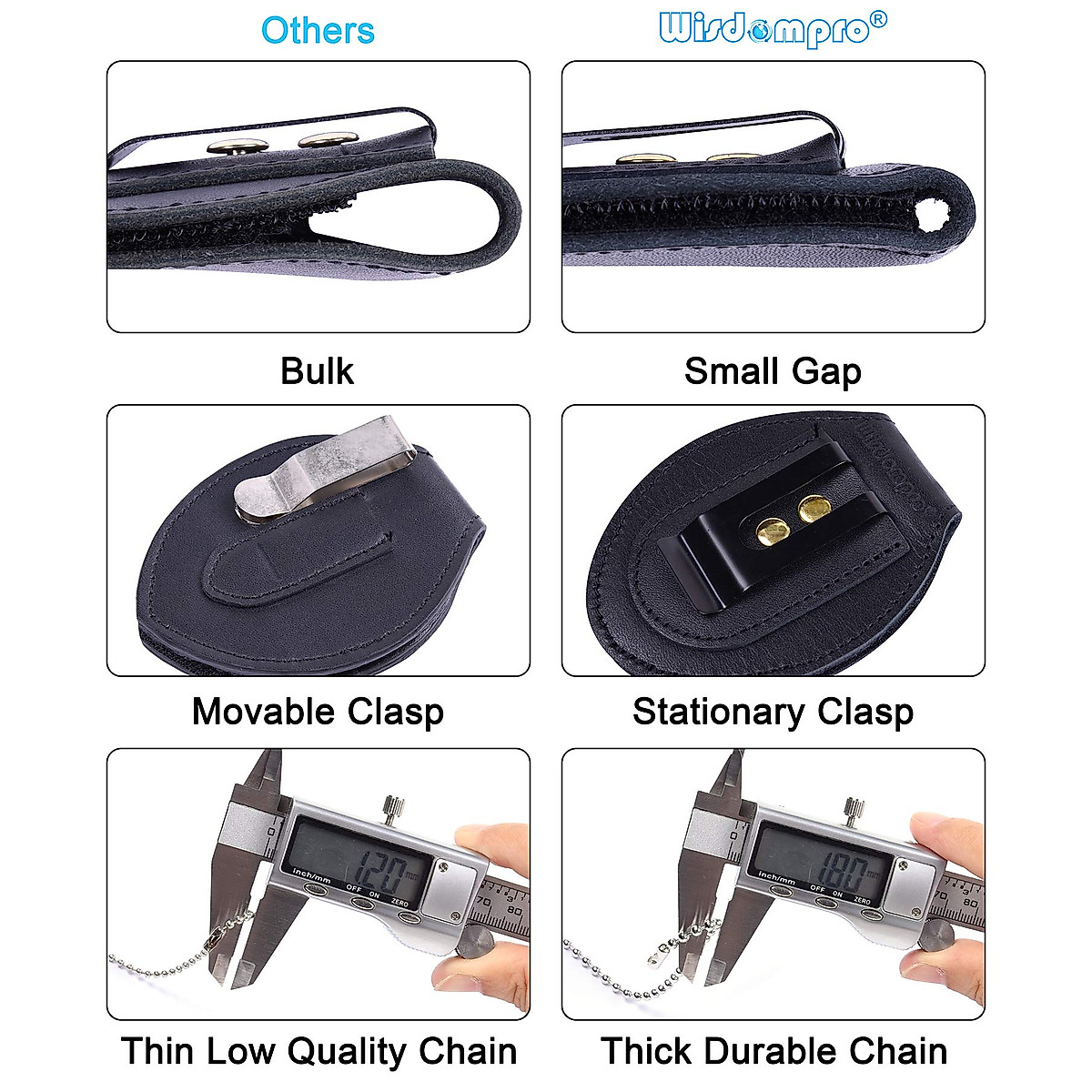 Wisdompro Police Badge Holder, Cowhide Leather Universal Police Badge Holder Pocket Case with Stationary Mn-Steel Belt Clip, Hook and Loop Closure and Stainless Bead Chain Necklace- Oval Shape