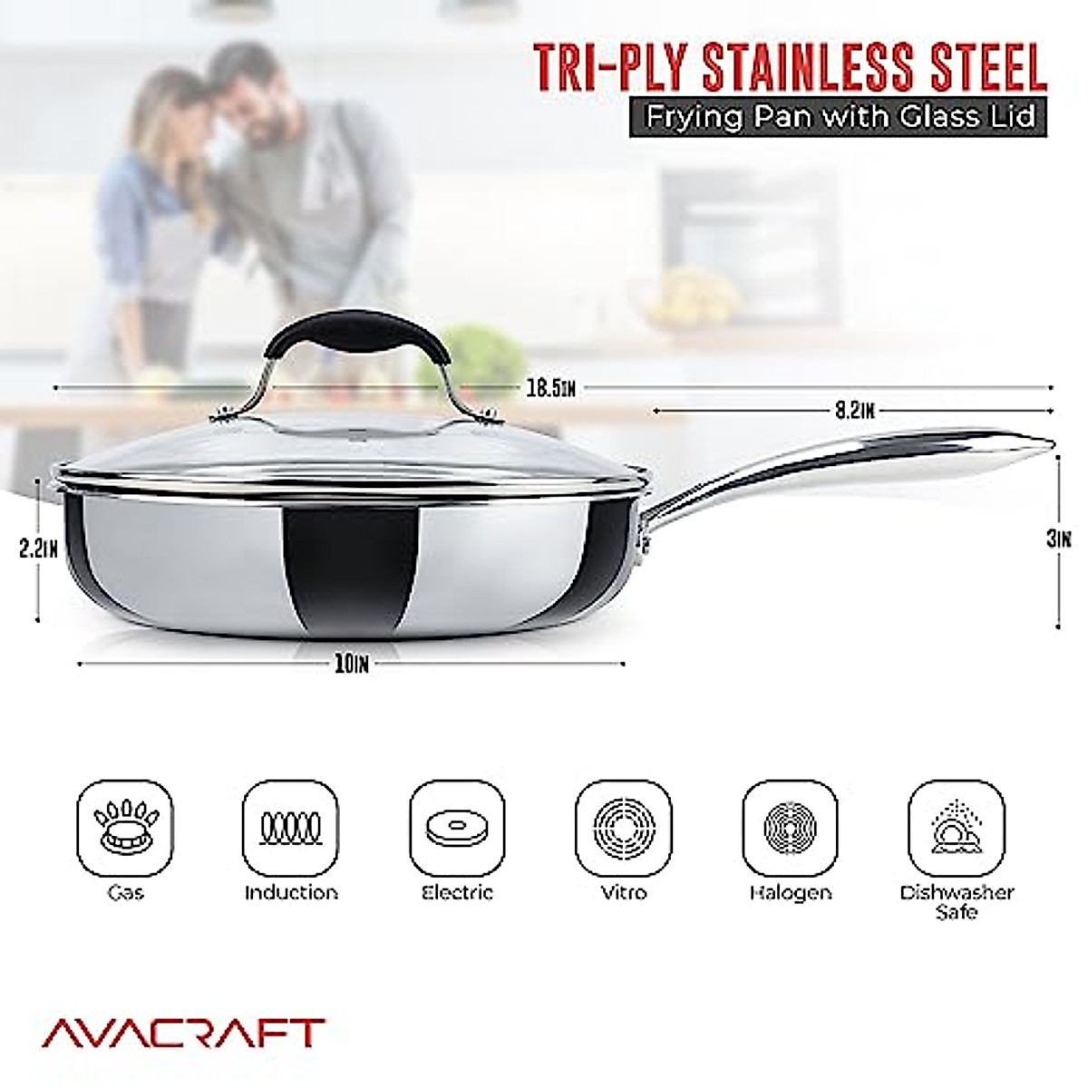 AVACRAFT 10 Inch Tri-Ply Stainless Steel Frying Pan with Lid, Side Spouts, Induction Pan, Versatile Stainless Steel Skillet, Fry Pan in our Pots and Pans (Tri-Ply Stainless steel,10 Inch)