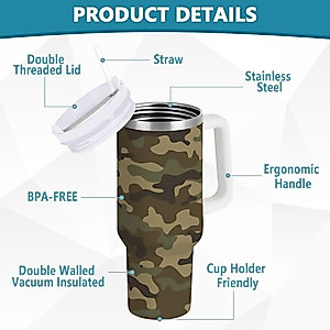 GKCLOCK 40 oz Tumbler with Handle and Straws, Insulated Reusable Stainless Steel Travel Coffee Mug Water Bottle for Office & Outdoor, Cupholder Friendly (Green Camouflage Style)