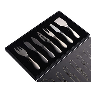 AARAINBOW Exquisite 7 Pieces Cheese Knives Set, Gift Ready Charcuterie Accessories Stainless Steel Cheese Knif Butter Knife & Fork Perfect Cheese Spreader Set, Gift for Birthday Christmas (Black)…