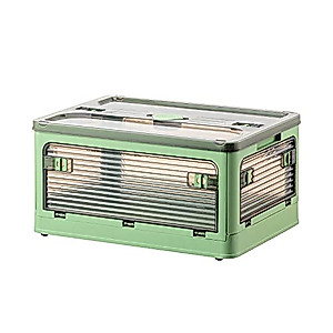 ANMINY Lidded Plastic Storage Bin 5-Door Collapsible Stackable Portable Crate Clear Storage Box Container Basket with Wheels Handles Lid for Outdoor Grocery Travel Car Truck Use - Green, Small