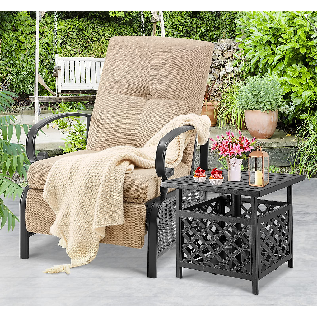 AECOJOY Outdoor Recliner Chair, Patio Outdoor Lounge Chairs with Adjustable Back, Pool Lounge Chairs with Beige Olefin Cushions (Removable)