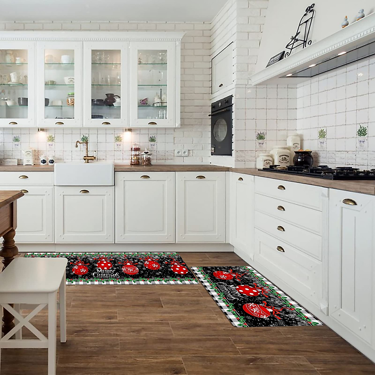 Kitchen Mat Rug Set of 2 Christmas Red Ball Winter Snow Black Buffalo Plaid Runner Rug Anti-Fatigue Comfort Memory Foam Standing Mat Non-Slip Floor Door Mat for Bathroom Bedroom 18x30in+18x60in