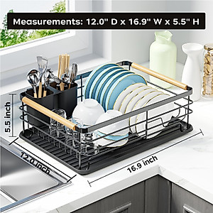 jouzevic Dish Racks for Kitchen Counter: Wooden Handles, Thickened Metal, No Assembly. Small Dish Drying Rack: Ideal for Small Households. Drying Rack Kitchen: Black