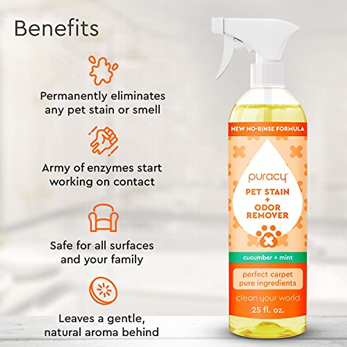 Puracy Natural Platinum Pet Stain and Odor Remover - Plant-Powered Professional Pet Urine Odor Eliminator with Natural Enzymes - Safe and Effective Carpet Pet Stain Remover and Cleaner, 739ml, 25oz