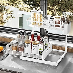 SPACEKEEPER Under Sink Organizer, 2-Tier Sliding Under Bathroom Sink Storage Pull Out Cabinet Organizer Metal Material Multi-purpose for Kitchen Bathroom, White, 2 Pack