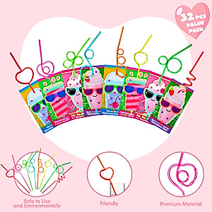 JOYIN 32 Pack valentines day Straws with Cards, Colorful Crazy Reusable Drinking Straws for kids, Valentines Day Gift, Classroom Exchange Prizes, Valentine Party Favors Gifts