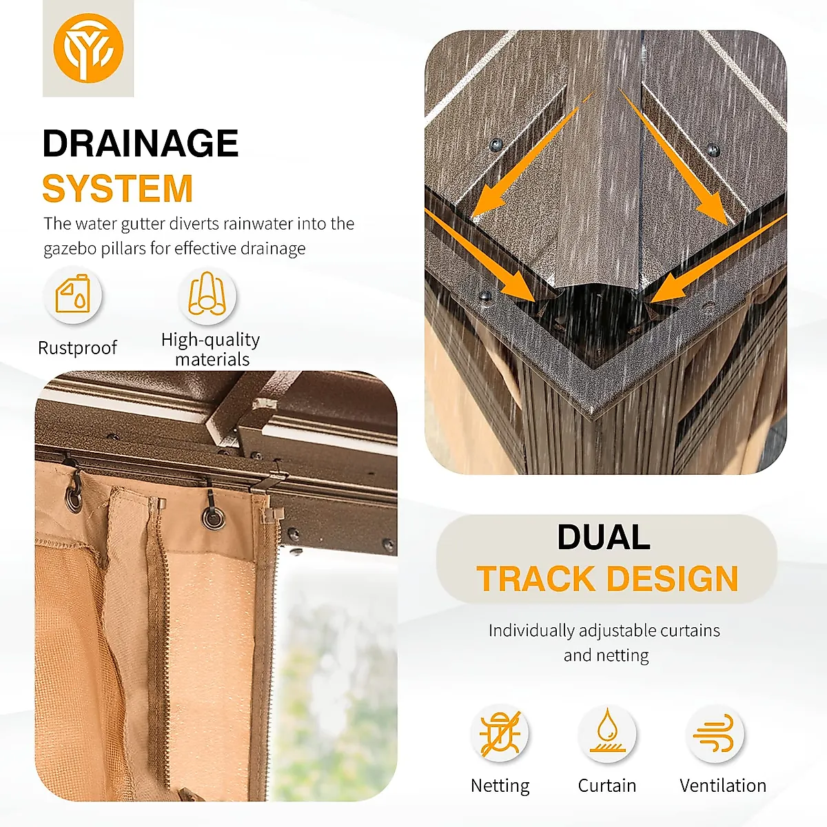 YOLENY 12x14FT Hardtop Gazebo, Galvanized Steel Double Roof Canopy with Netting and Curtains, Permanent Metal Pavilion Gazebos with Aluminum Frame for Patio Backyard Deck and Lawns