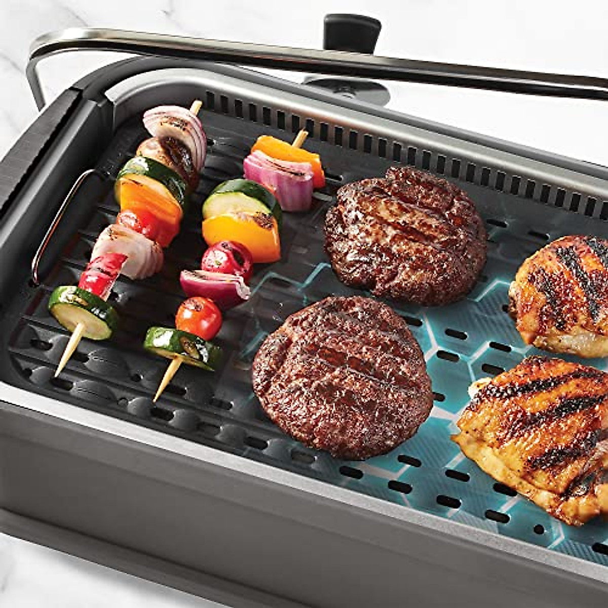 Oster DiamondForce Electric Indoor Nonstick Smokeless Countertop Grill Small Appliance with Removable Grill Plate and Lid