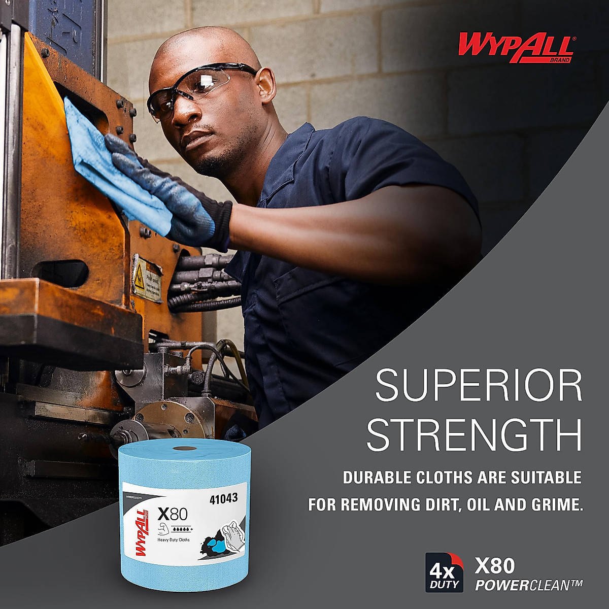 WypAll Power Clean X80 Heavy Duty Cloths (41043), Extended Use Cloths Jumbo Roll, Blue, 475 Sheets / Roll; 1 Roll / Case,8347