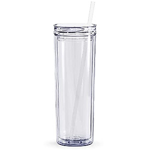 Maars Skinny Acrylic Tumbler with Lid and Straw | 18oz Premium Insulated Double Wall Plastic Reusable Cups - Clear, 8 Pack