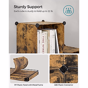 SONGMICS 6 Cube Storage Organizer, DIY Closet Shelf, Plastic Clothes Organizer, Modular Bookcase, 14.6 x 13 x 13 Inch Cubes, with Feet and Rubber Mallet, Rustic Brown ULPC206A01