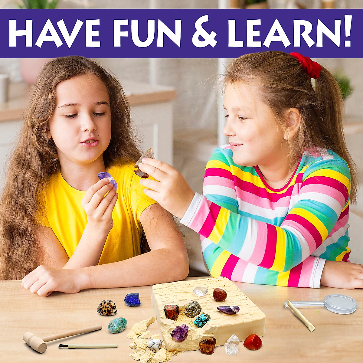 DANCING BEAR Gem Dig Kit - Excavate 16 Gems & Crystals Including Arrowheads, Quartz, Amethyst - STEM Education Gift Set for Kids