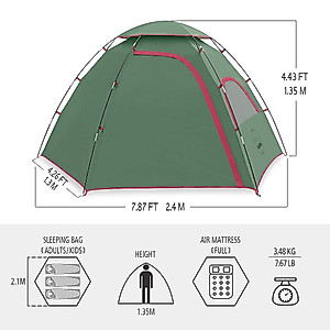 KAZOO Outdoor Family Tent Durable Lightweight, Waterproof Camping Tents Easy Setup, Beach Screen Tent Sun Shade 3 Person (Green)