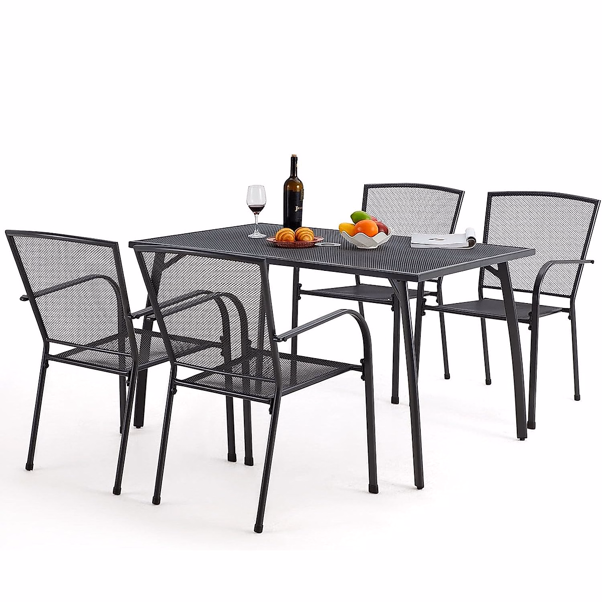 AECOJOY Metal Outdoor Table and Chairs Patio Dining Table Set for 4 Outside 51" Dining Table with Umbrella Hole Rectangle Table and 4 Stackable Chairs, Patio Furniture Set for Garden Backyard Balcony